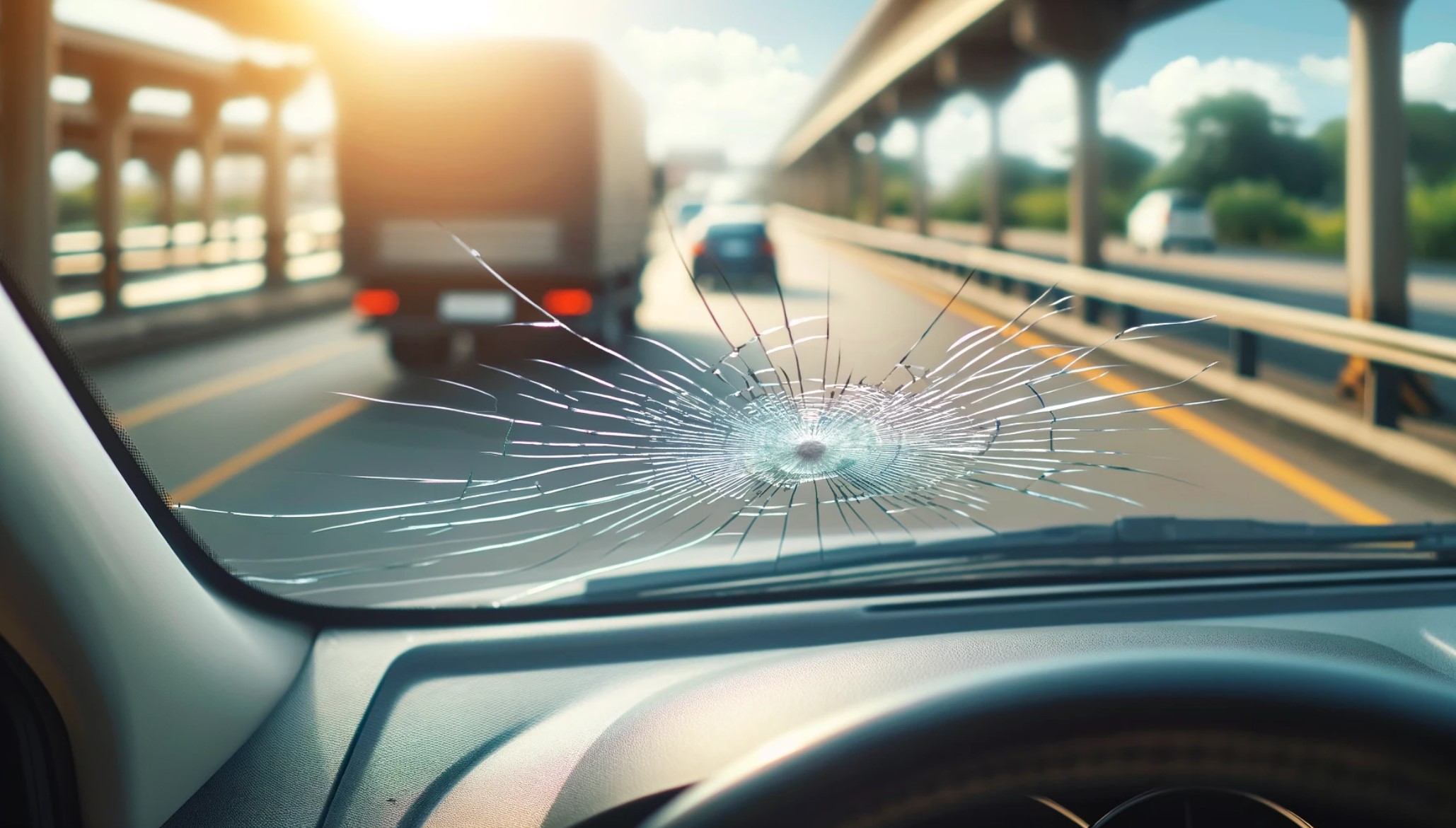 Prasklina na čelním skle od kamínku, která může vést k většímu ...